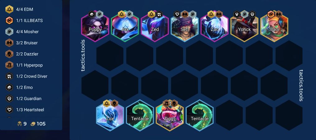 4 EDM, 4 Mosher, 2 Bruiser, 2 Dazzler, 1 Hyperpop - TFT Team Builder Set 10