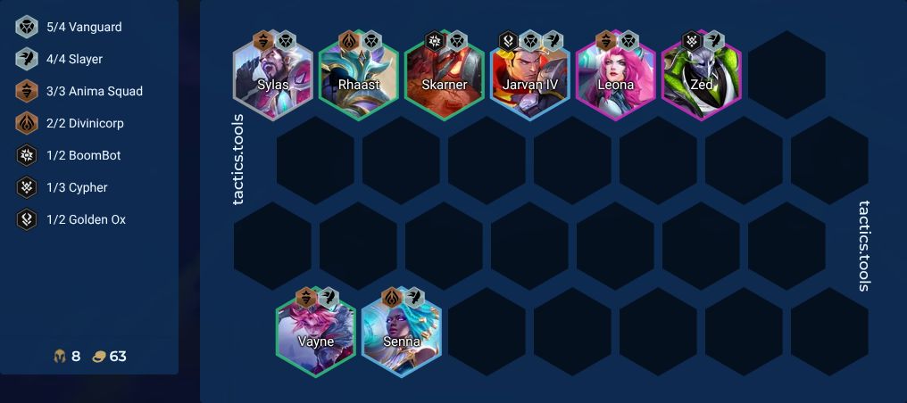 4 Slayer, 4 Vanguard, 3 Anima Squad, 2 Divinicorp - TFT Team Builder Set 14