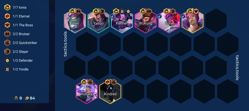 7 Ionia, 2 Bruiser, 2 Quickstriker, 2 Slayer - TFT Team Builder Set 16