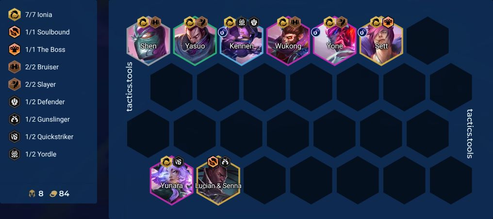 7 Ionia, 2 Bruiser, 2 Slayer - TFT Team Builder Set 16
