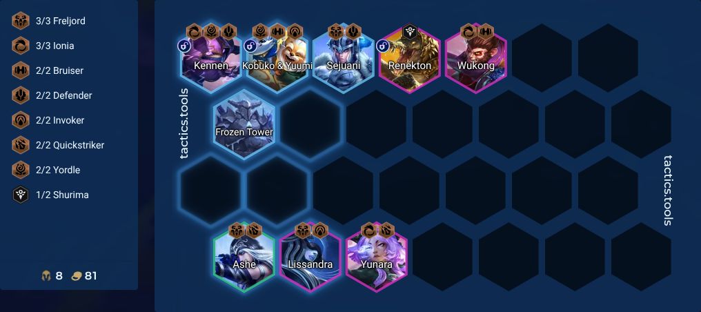 3 Freljord, 3 Ionia, 2 Bruiser, 2 Defender, 2 Invoker, 2 Quickstriker ...