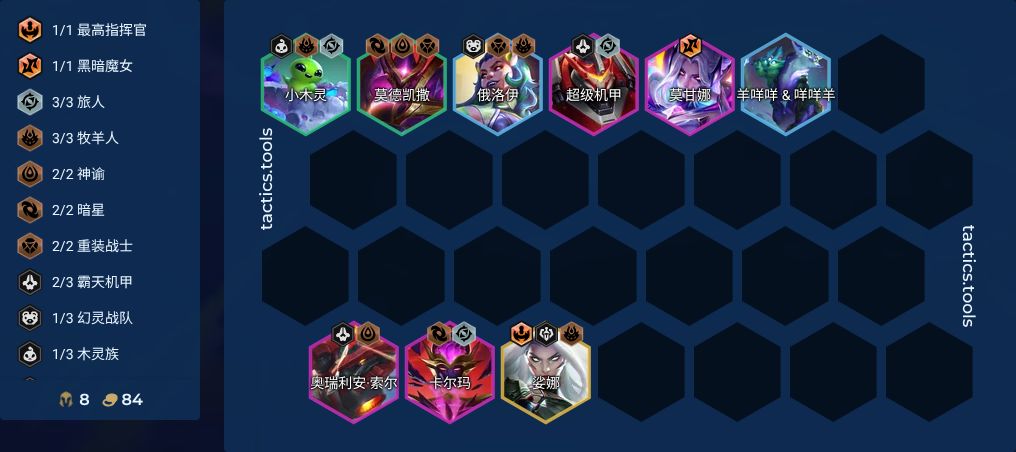 3 旅人, 3 牧羊人, 2 暗星, 2 神谕, 2 重装战士 - TFT Team Builder Set 17